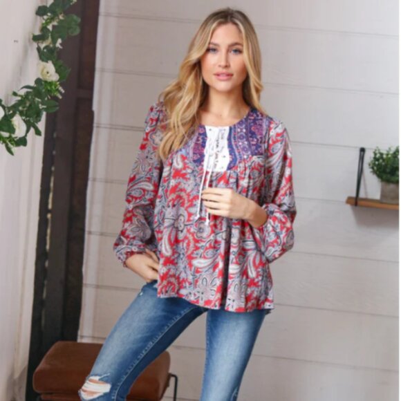SUGAR FOX | Tops | Sugar Fox Bluerust Boho Eyelet Lace Up Babydoll ...